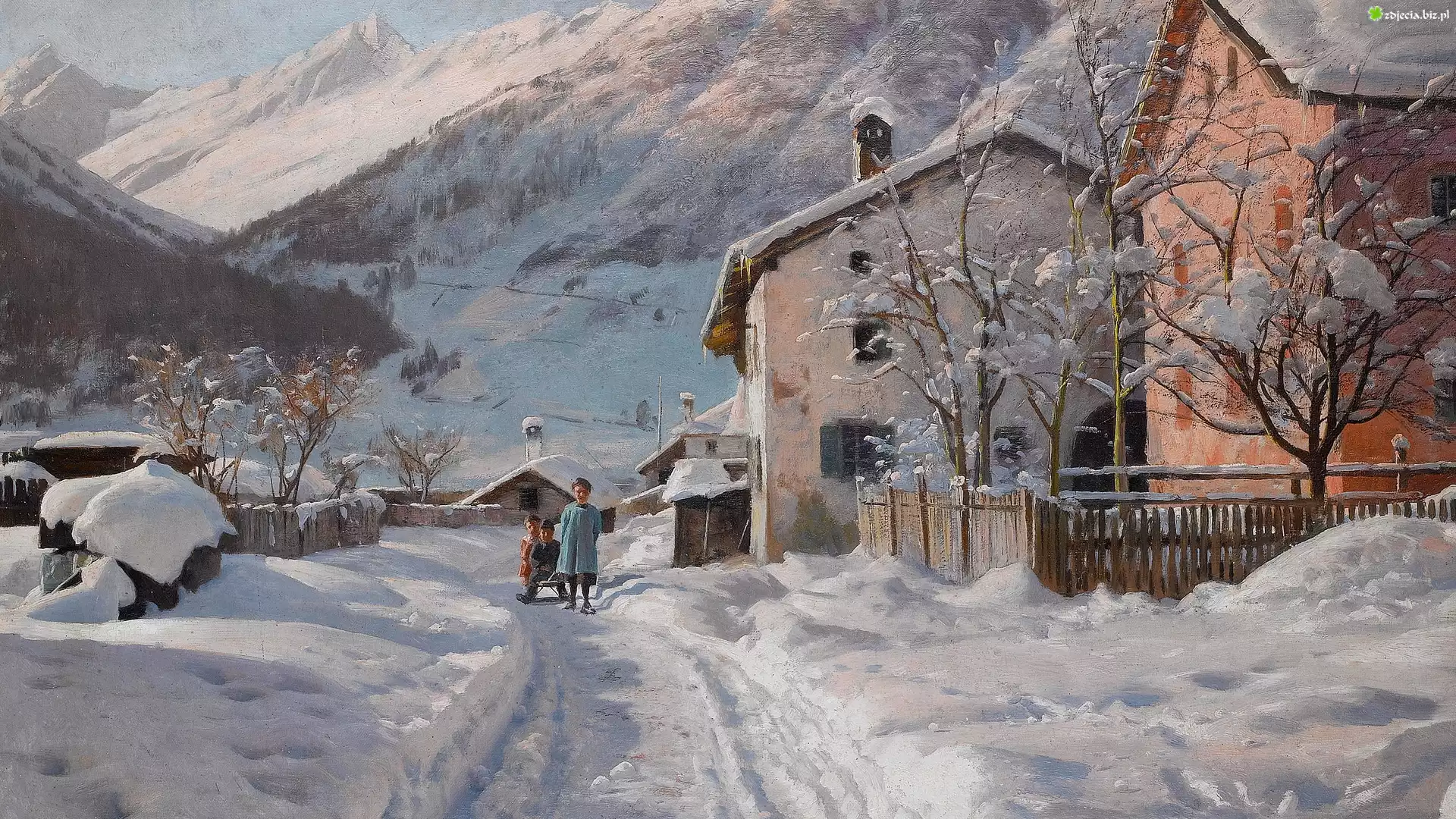Zdjęcie Malarstwo, Obraz, Zima, Peder Mork Monsted, Dzieci, Sanki, Domy ... Zdjęcie Malarstwo, Obraz, Zima, Peder Mork Monsted, Dzieci, Sanki, Domy ...